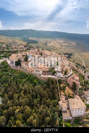 Aerial view of the medieval town of Trevi in Umbria (Italy). Landscape ...