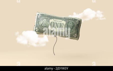 Inflated one dollar bill balloon. Economic inflation concept. 3D ...