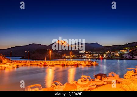Beautiful view over Kapsali beach in Kythera island, Greece illuminated ...