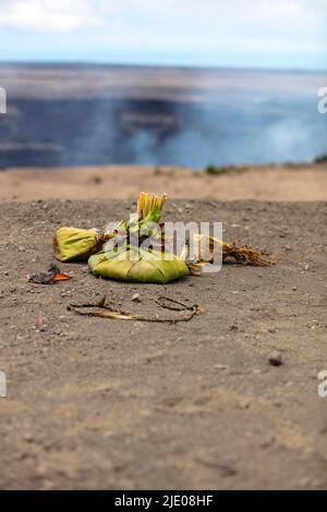 Offering to volcano goddess Pele, Uekahuna, Kilauea Caldera, Hawai'i ...