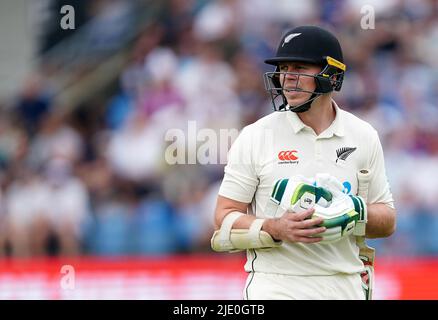 New Zealand's Michael Bracewell reacts in the field during the ICC ...