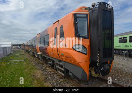 West Midlands Railway class 196 diesel train leaving Leamington Spa ...