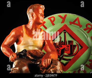Still-Life, Soviet porcelain, plate depicting a factory worker and a ...
