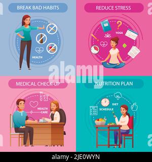 Healthy lifestyle concept 4 cartoon compositions with bad habits ...