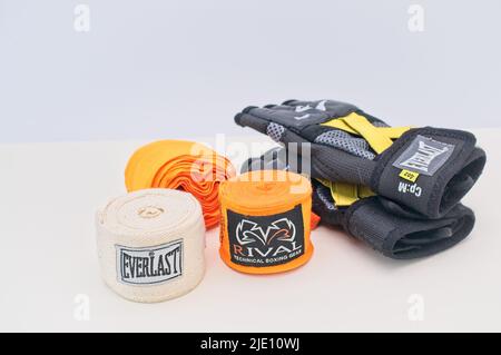 boxing equipment on a bright desk surface, gloves and hand wrap Stock ...