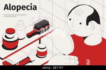 Baldness alopecia isometric background with editable text and character ...