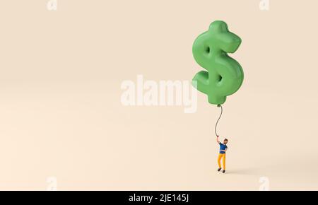 Businessman holding an inflated dollar balloon. finance concept. 3D ...