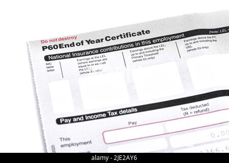 English Tax form P60 End of year certificate by HM revenue and customs ...