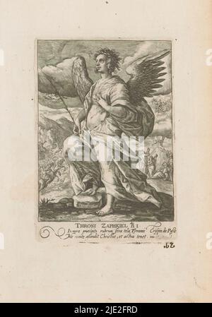 The Archangel Zaphkiel stands with his right foot on a stone and holds ...