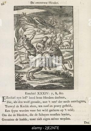 Parable of the bad shepherd, 1740 print A flock of sheep. A wolf got ...