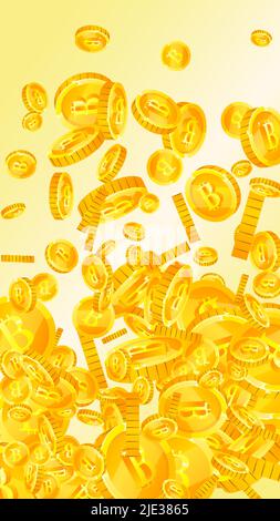 Bitcoin, internet currency coins falling. Curious scattered BTC coins ...