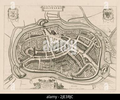 Map of Bolsward, 1721 - 1774 print Map in a nutshell perspective. At the top left the Wapen van ...