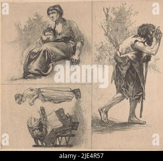 Bearded man, dressed in rags, holding his head with one hand and a ...