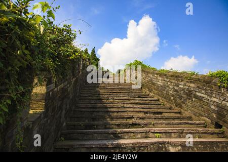 Ancient Great City Wall of Linhai, step up to temple at the top ...