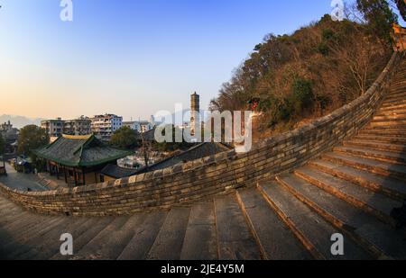Ancient Great City Wall of Linhai, step up to temple at the top ...