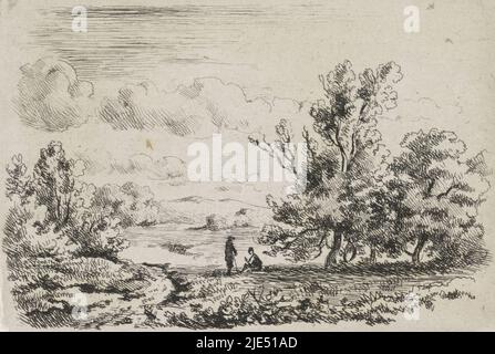 River landscape with two figures under a tree Stock Photo - Alamy