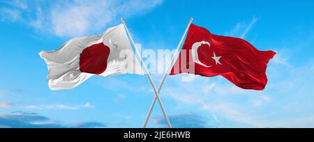 Turkey and Japan Flags Crossed And Waving Flat Style. Official ...