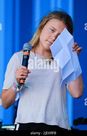 Greta Thunberg addresses the crowd at the Glastonbury Festival in ...