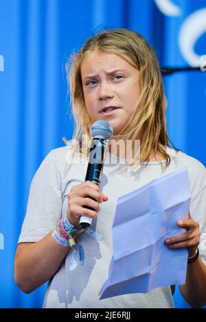 Greta Thunberg addresses the crowd at the Glastonbury Festival in ...