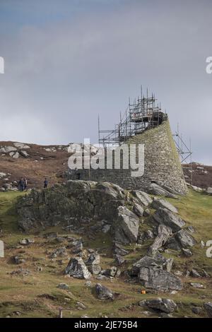 Iron Age Brock with scaffolding near Dun Carloway, Isle of Lewis, Outer ...