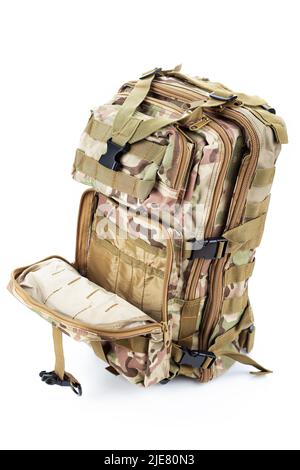 Open military backpack of khaki color on a white background Stock Photo ...
