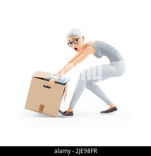 3d cartoon woman lifting heavy box, illustration isolated on white ...