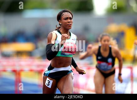 Cindy Sember on her way to winning the women’s 100m hurdles during the ...