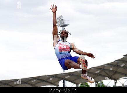Reynold Banigo on his way to winning The MenÕs Long Jump during day ...