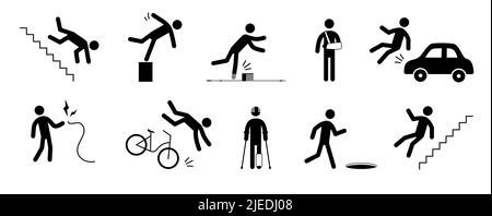 Stick figure man falling beware, hazard warning symbols. Person injury ...