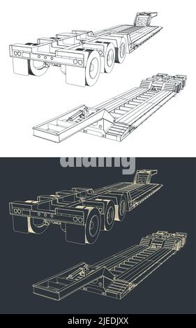 Stylized vector illustrations of blueprints of lowboy trailer Stock ...