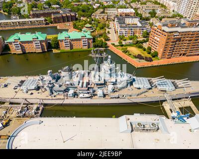 Aerial drone photo of the USS Wisconsin BB-64 Norfolk VA USA Stock ...