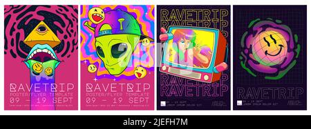 Psychedelic posters. Acid trippy party flyers surreal retro 70s 80s ...
