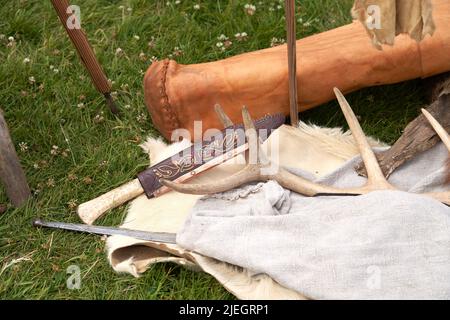 Replica Anglo Saxon hunting tools and equipment Stock Photo - Alamy