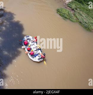 Greece. Vale of Tempi, Thessaly. Pineios River brown water flowing ...
