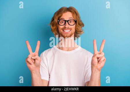 Portrait of satisfied excited person beaming smile hand fingers ...