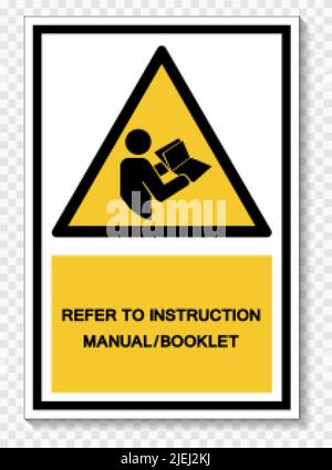 Refer to instruction manual sign. Vector illustration of circular blue sign with hand points to ...