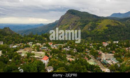 Aerial view of Ella town among mountains and tea estate. Sri Lanka ...