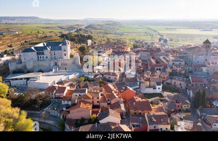Aerial view of Simancas with church of El Salvador and fortified castle ...