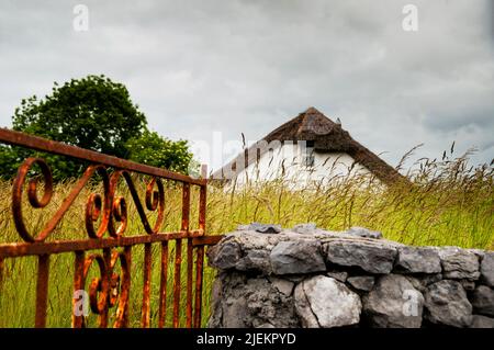 Iron gate and thatched roof cottage in Kinvara, Ireland Stock Photo - Alamy