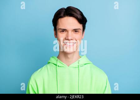 Photo of cheerful candid person beaming smile look camera hands hold ...