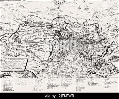 A 16th century map of the city of Rome, Italy, showing the major ...