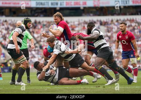 England lock Jonny Hill drives for the try line during the England -V ...
