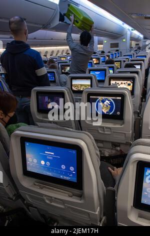 Overhead TV screen monitor on a 777 Airliner showing the flight path of ...