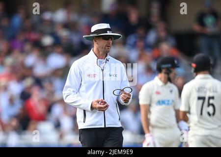 on field umpire Michael Gough signals a six for Ben Stokes of England ...