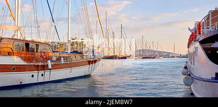 Closeup of a yacht docked in the pier Stock Photo - Alamy