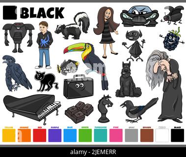Black color objects set. Learning colors for kids. Cute elements ...