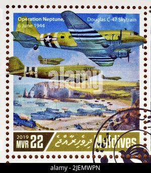 Cancelled postage stamp printed by Maldives, that shows HMS Roberts and ...