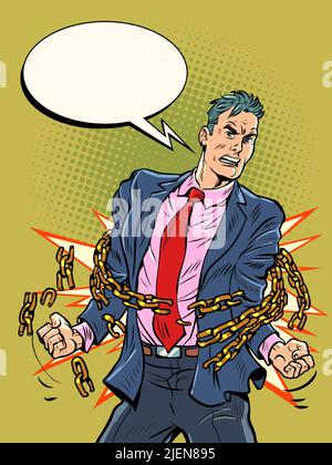 a businessman breaks the chains, a symbol of freedom and struggle ...