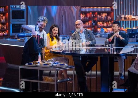IRON CHEF: QUEST FOR AN IRON LEGEND, from left: judges Andrew Zimmern ...