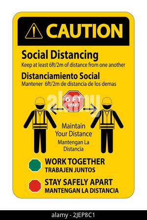 Caution Bilingual Social Distancing Construction Sign Isolate On White ...
